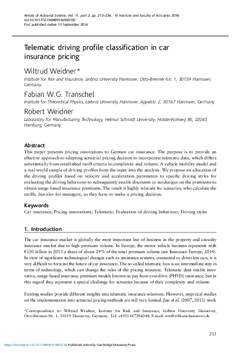 (PDF) Telematic driving profile classification in car insurance pricing
