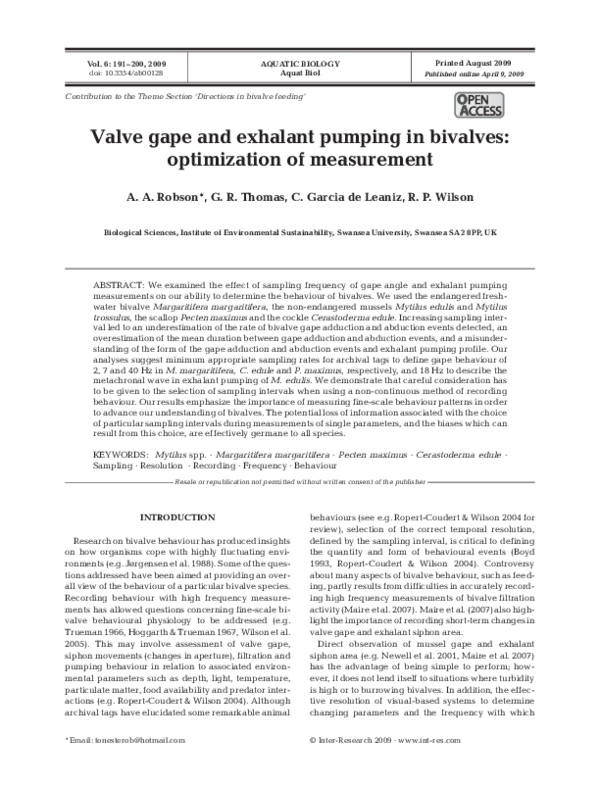 (PDF) Valve gape and exhalant pumping in bivalves: optimization of ...