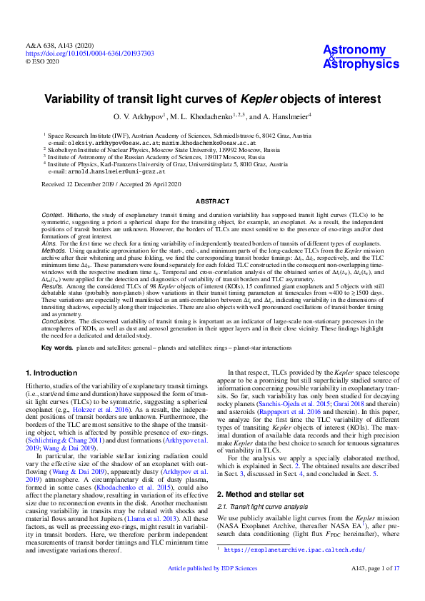 (PDF) Variability of transit light curves of Kepler objects of interest