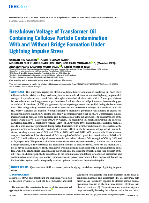 (PDF) Breakdown Voltage of Transformer Oil Containing Cellulose ...