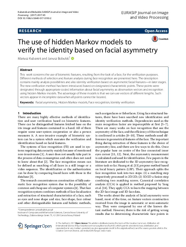 (PDF) The use of hidden Markov models to verify the identity based on facial asymmetry | Janusz ...