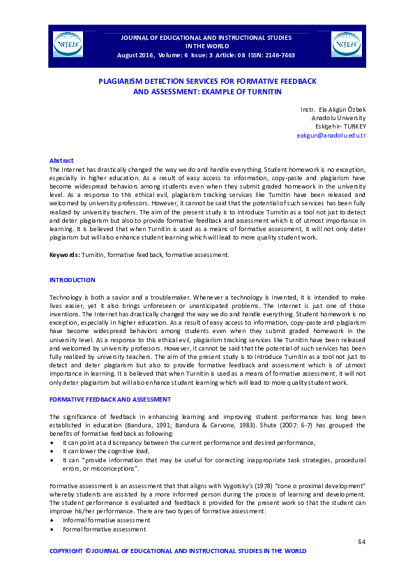 (PDF) Plagiarism Detection Services for Formative Feedback and Assessment: Example of Turnitin