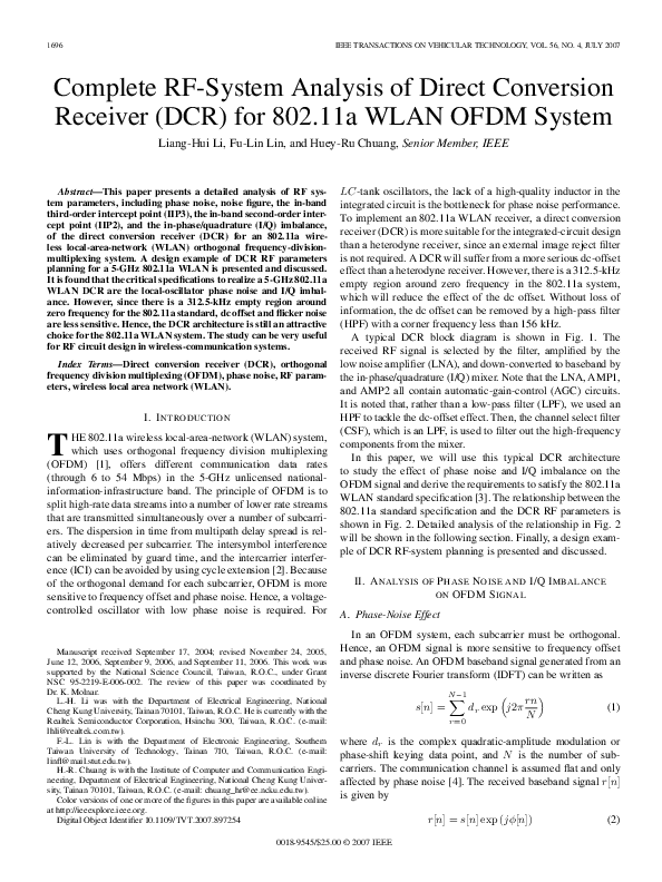 (PDF) Complete RF-System Analysis of Direct Conversion Receiver (DCR) for 802.11a WLAN OFDM System