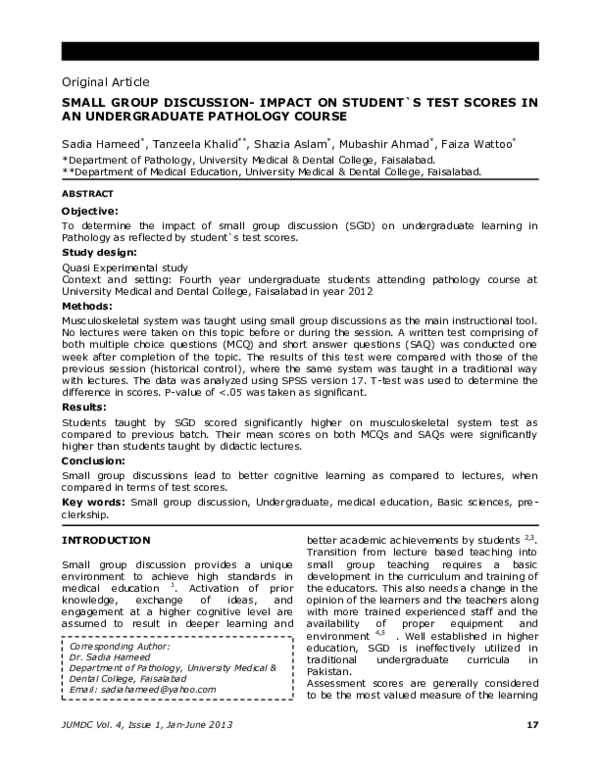 (PDF) Small Group Discussion- Impact on Students Test Scores in an ...