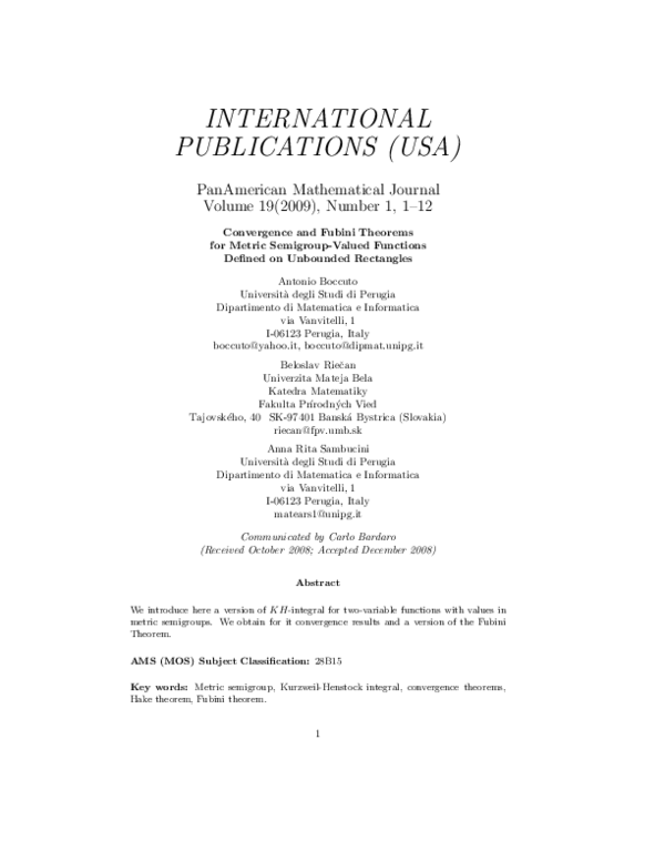 (PDF) Convergence and Fubini Theorems for Metric Semigroup-Valued ...