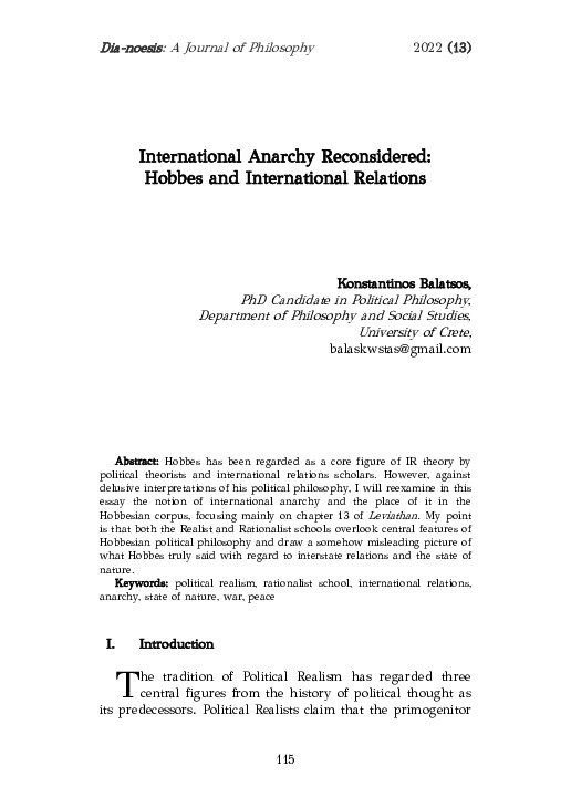 (PDF) International Anarchy Reconsidered: Hobbes and International ...
