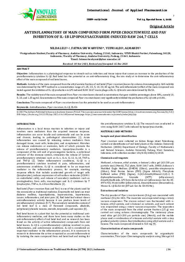 (PDF) ANTIINFLAMMATORY OF MAIN COMPOUND FORM PIPER CROCATUM RUIZ AND ...