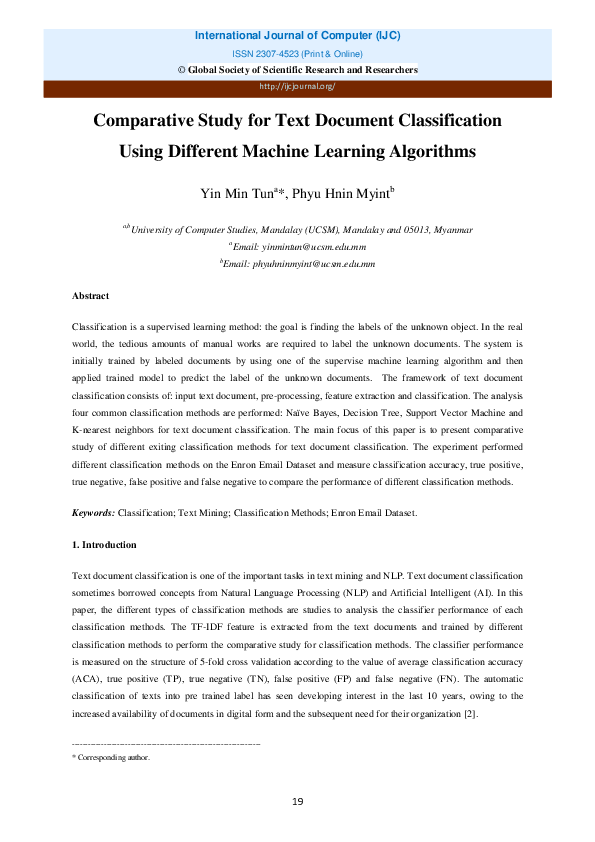 (PDF) Comparative Study for Text Document Classification Using Different Machine Learning Algorithms