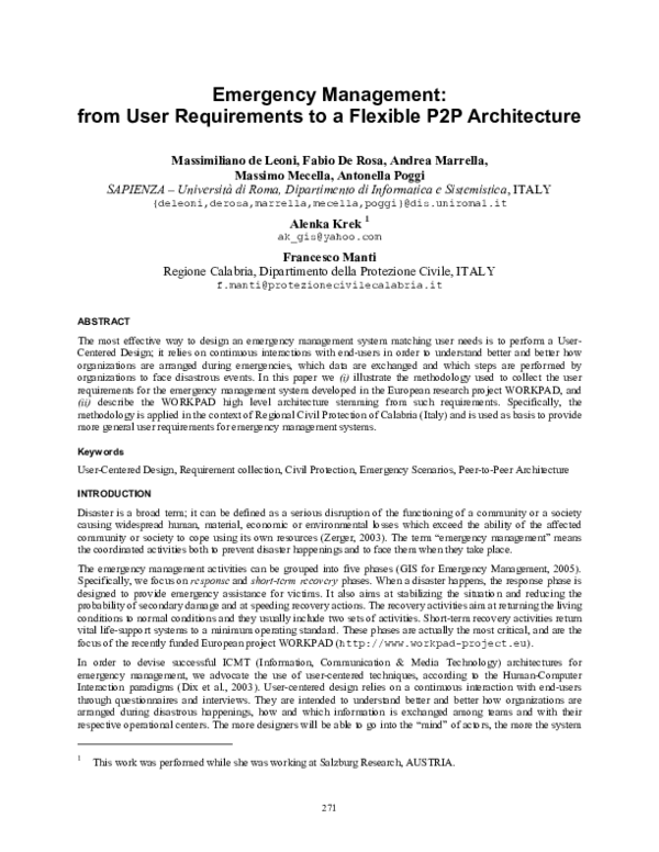 (PDF) Emergency management: from user requirements to a flexible p2p architecture