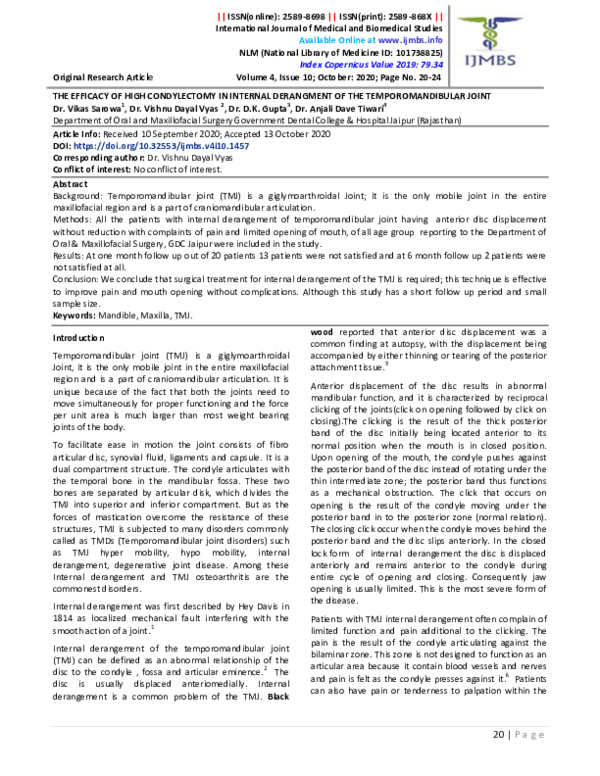 (PDF) The Efficacy of High Condylectomy in Internal Derangment of the ...