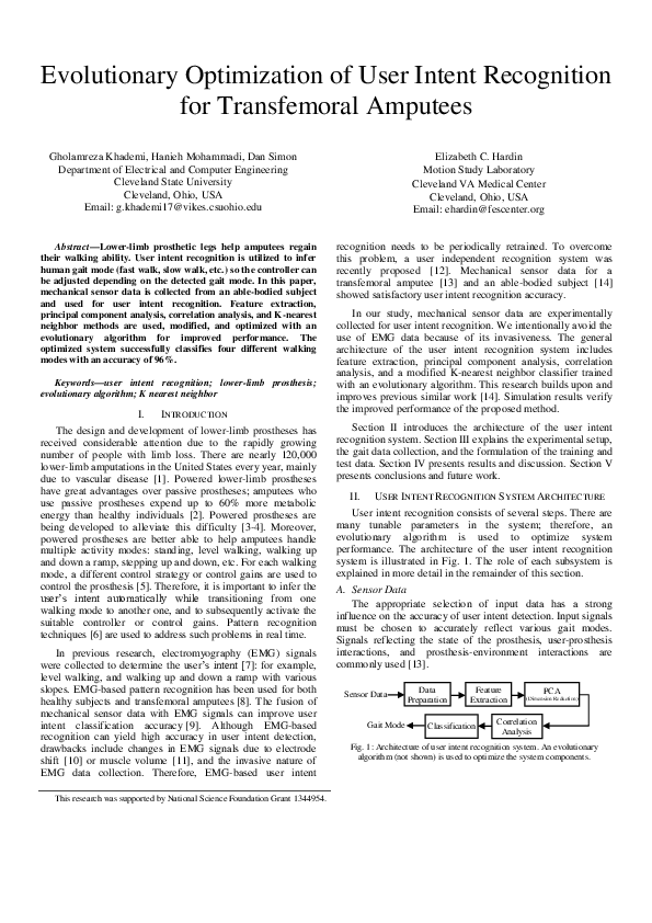 Pdf Evolutionary Optimization Of User Intent Recognition For Transfemoral Amputees
