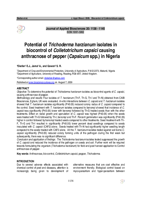 Pdf Potential Of Trichoderma Harzianum Isolates In Biocontrol Of