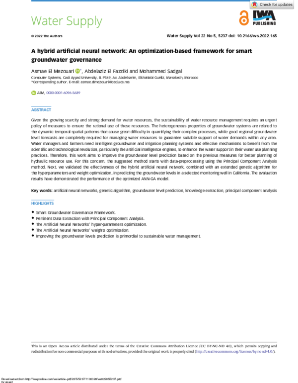 (PDF) A hybrid artificial neural network: An optimization-based framework for smart groundwater ...
