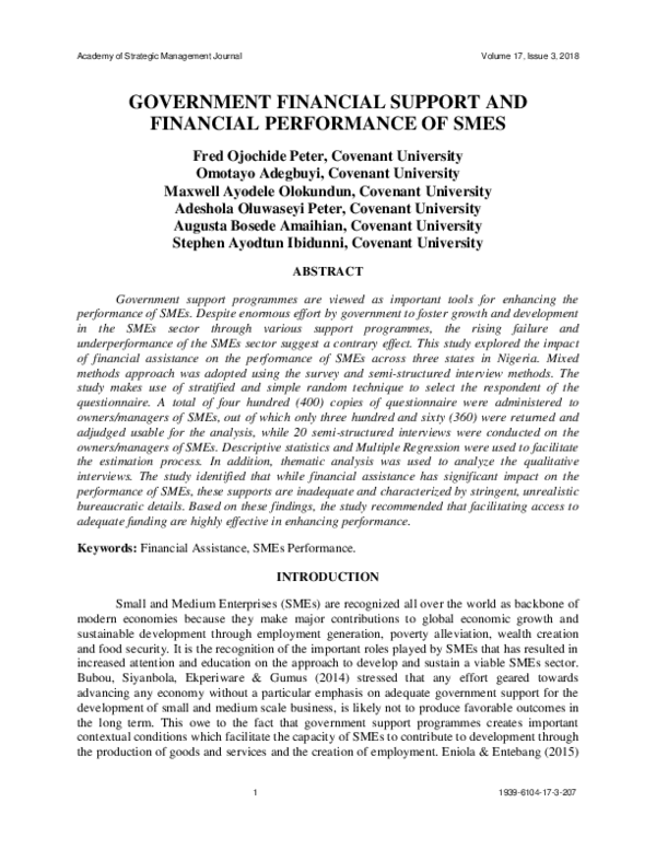(PDF) Government Financial Support and Financial Performance of Smes ...