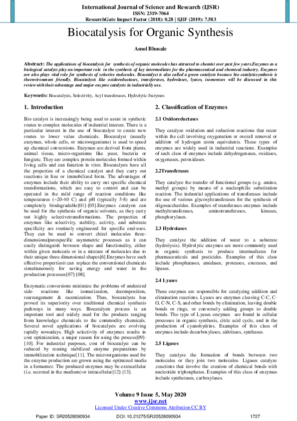 (PDF) Biocatalysis for Organic Synthesis