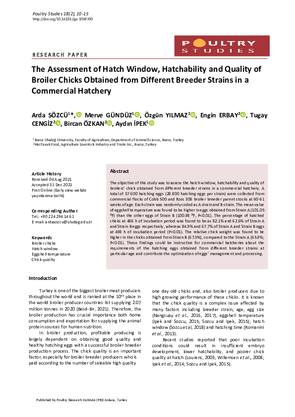 (PDF) The Assessment of Hatch Window, Hatchability and Quality of ...