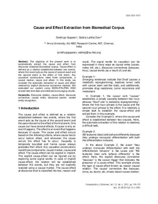 Pdf Cause And Effect Extraction From Biomedical Corpus