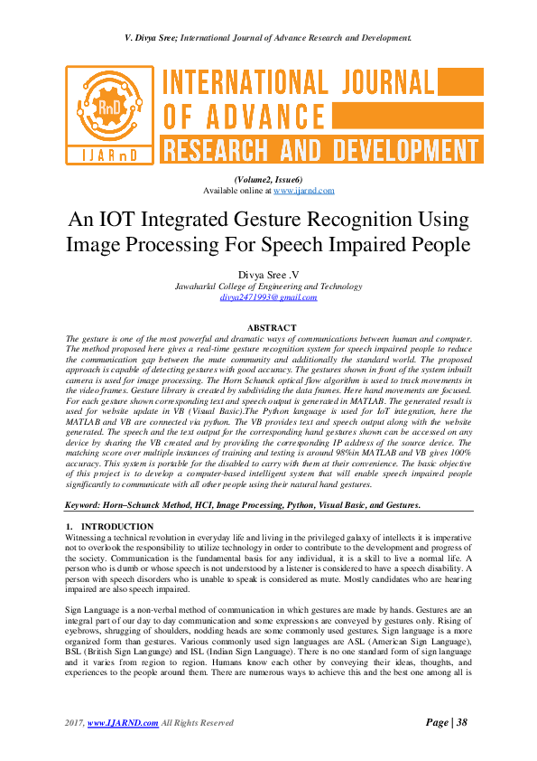 (PDF) An IOT Integrated Gesture Recognition Using Image Processing For Speech Impaired People