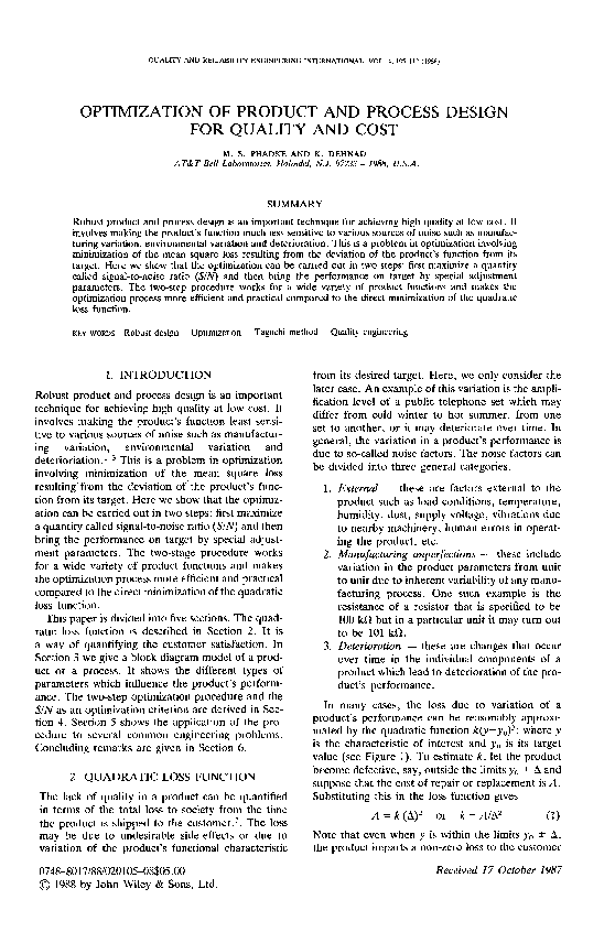 (PDF) Optimization of product and process design for quality and cost ...