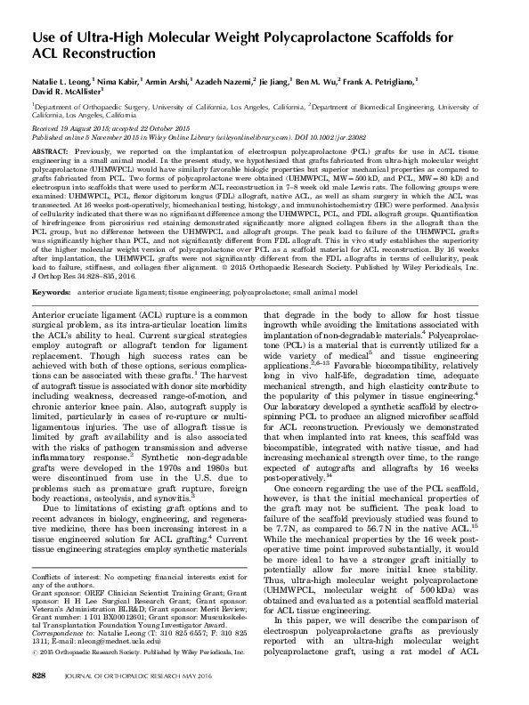 (PDF) Use of ultra-high molecular weight polycaprolactone scaffolds for ...