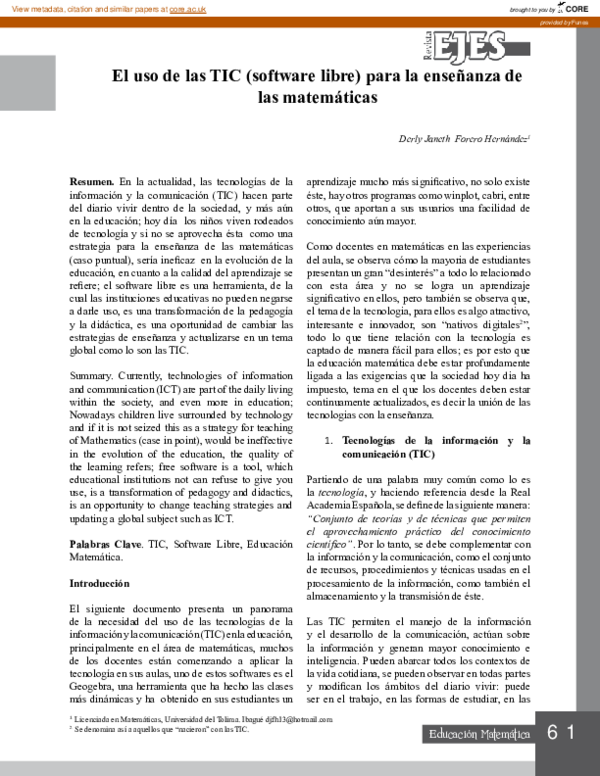 (PDF) El uso de las TIC (software libre) para la enseñanza de las matemáticas