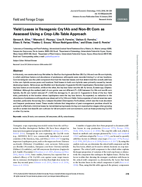 (PDF) Yield Losses in Transgenic Cry1Ab and Non-Bt Corn as Assessed ...