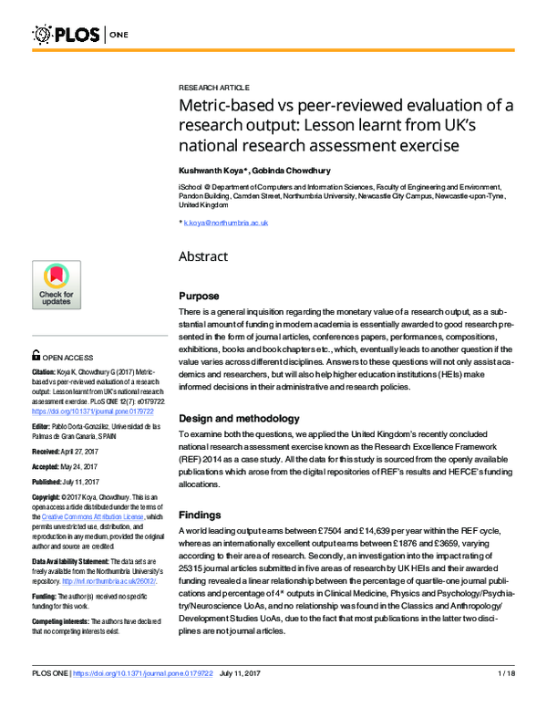 (PDF) Metric-based vs peer-reviewed evaluation of a research output ...