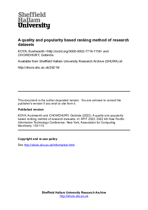 (PDF) A quality and popularity based ranking method for research datasets