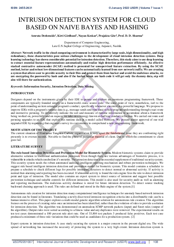 Pdf Intrusion Detection System For Cloud Based On Naive Bayes And Hashing