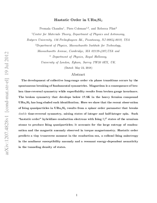 Pdf Hastatic Order In The Heavy Fermion Compound Uru2si2