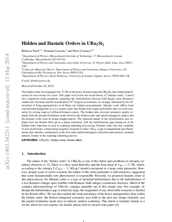(PDF) Hidden and Hastatic Orders in URu 2 Si 2