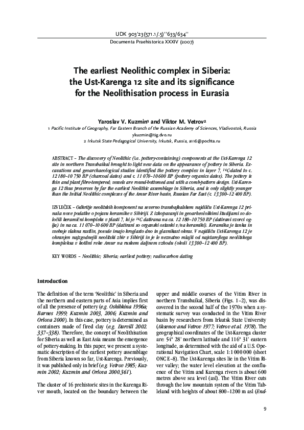 (PDF) The earliest Neolithic complex in Siberia: the Ust-Karenga 12 ...