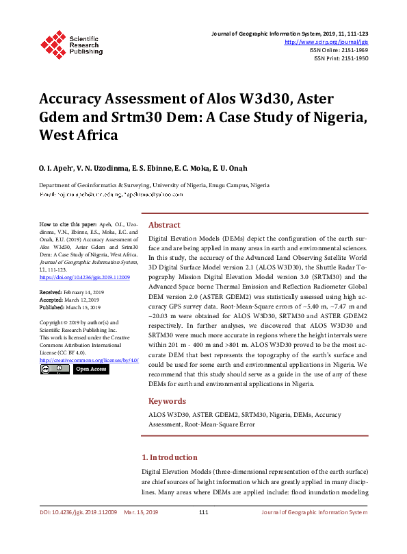 (PDF) Accuracy Assessment of Alos W3d30, Aster Gdem and Srtm30 Dem: A Case Study of Nigeria ...