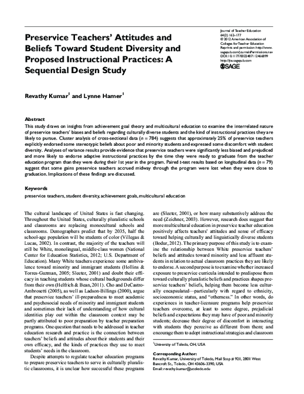 (PDF) Preservice Teachers’ Attitudes and Beliefs Toward Student Diversity and Proposed ...