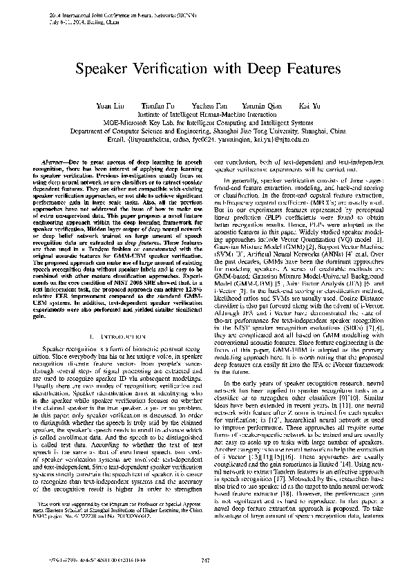 (PDF) Speaker verification with deep features