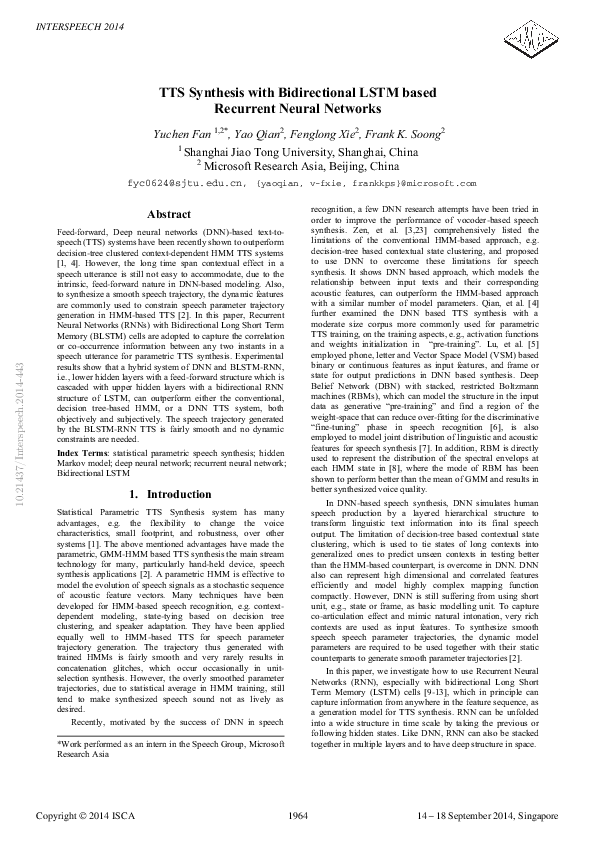 Pdf Tts Synthesis With Bidirectional Lstm Based Recurrent Neural Networks