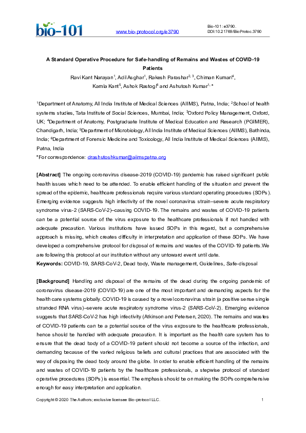 (PDF) A Standard Operative Procedure for Safe-handling of Remains and ...