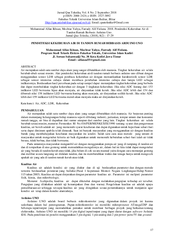 Pendeteksi Kekeruhan Air DI Tandon Rumah Berbasis Arduino Uno