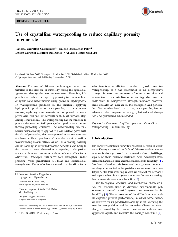 (PDF) Use of crystalline waterproofing to reduce capillary porosity in ...