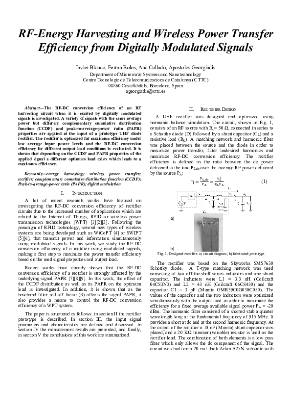 (PDF) RF-energy harvesting and wireless power transfer efficiency from digitally modulated ...