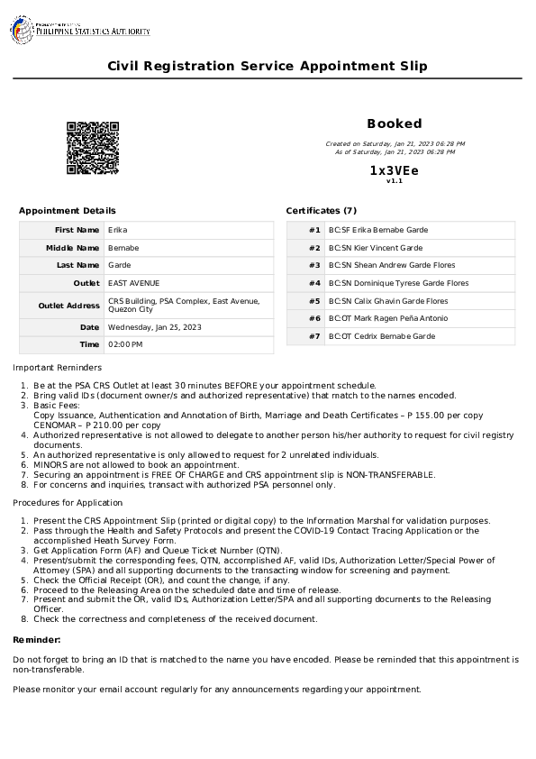 (PDF) Civil Registration Service Appointment Slip | erika garde ...