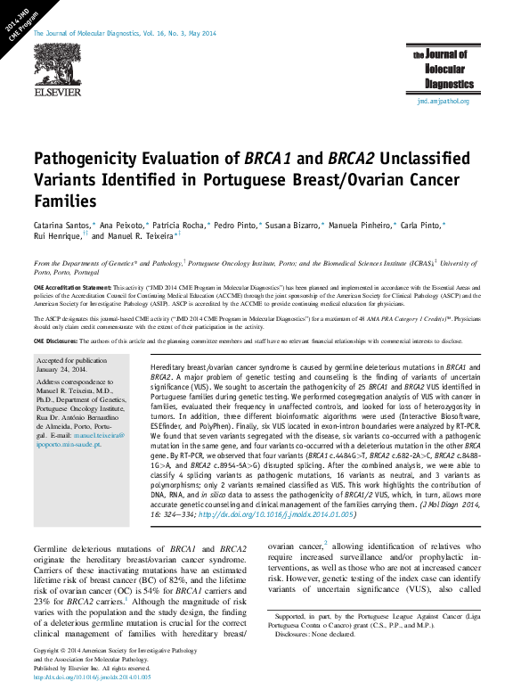 (PDF) Pathogenicity Evaluation of BRCA1 and BRCA2 Unclassified Variants Identified in Portuguese ...