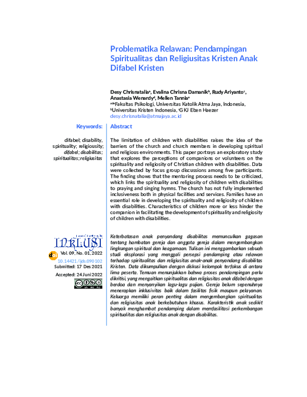 (PDF) Problematika Relawan: Pendampingan Spiritualitas dan Religiusitas Kristen Anak Difabel Kristen