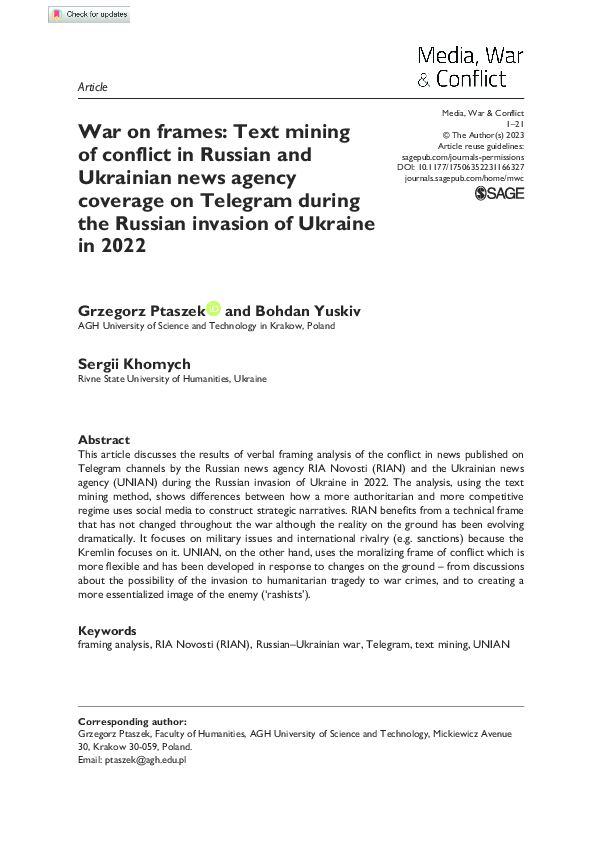 (PDF) War on frames: Text mining of conflict in Russian and Ukrainian ...