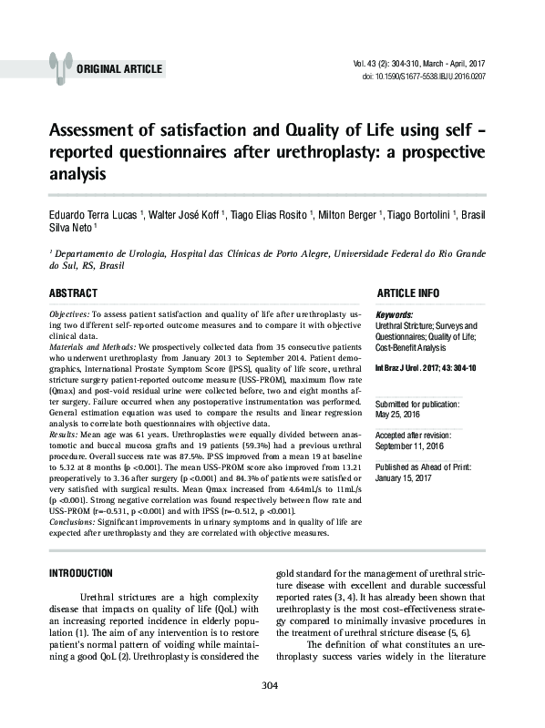 (PDF) Assessment of satisfaction and Quality of Life using self -reported questionnaires after ...