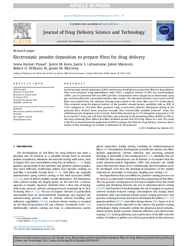 (PDF) Electrostatic powder deposition to prepare films for drug delivery