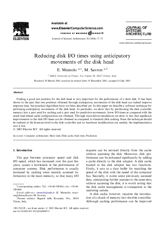 (PDF) Reducing disk I/O times using anticipatory movements of the disk head