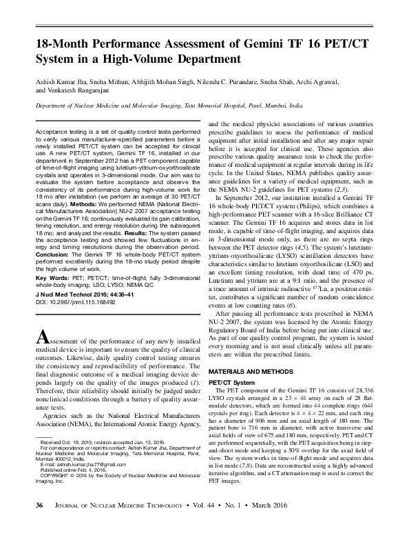 (PDF) 18-Month Performance Assessment of Gemini TF 16 PET/CT System in ...