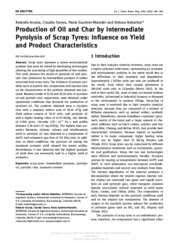 (PDF) Production of Oil and Char by Intermediate Pyrolysis of Scrap ...
