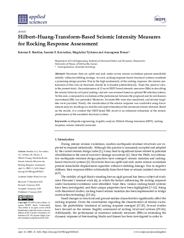 Pdf Hilbert Huang Transform Based Seismic Intensity Measures For Rocking Response Assessment